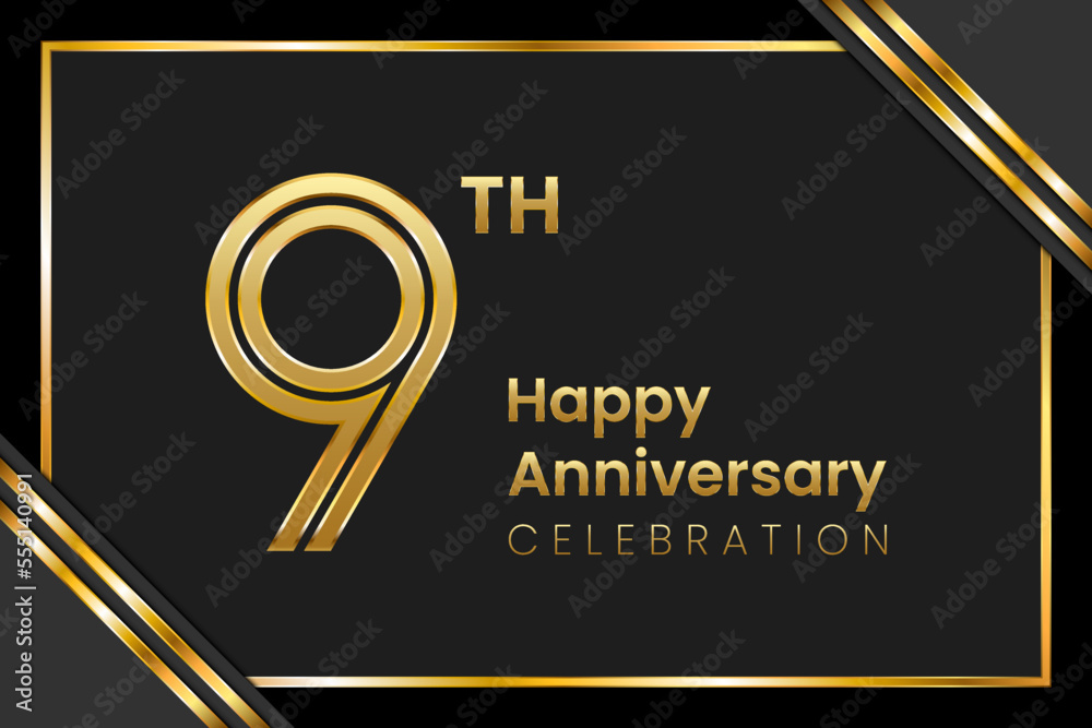 9th Anniversary. Anniversary Template Design With Golden Text, Vector ...