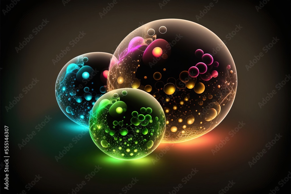 4K resolution or higher, Glowing and illuminated spherical coloured orbs. Generative AI ...