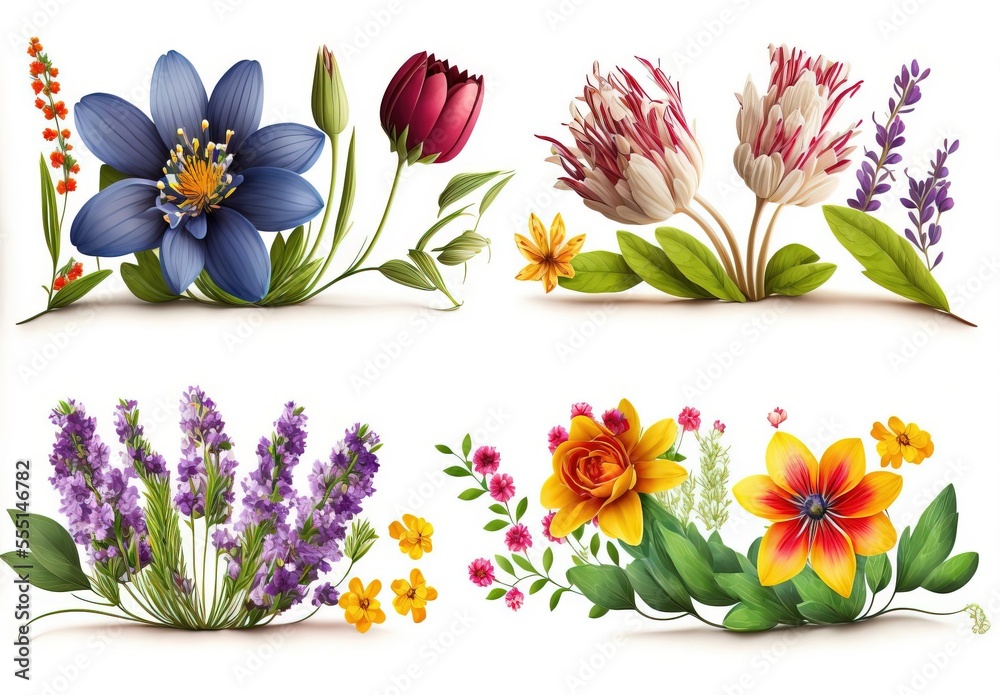 4K resolution or higher, Set of different beautiful flowers on white ...