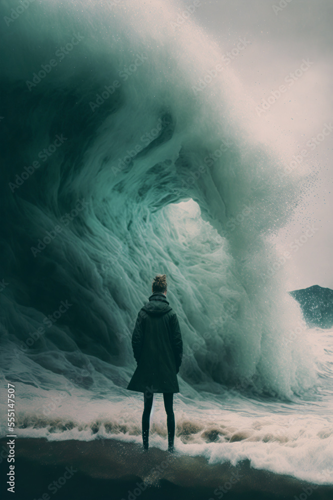 A huge tsunami wave about to break near a mysterious woman on the sea ...