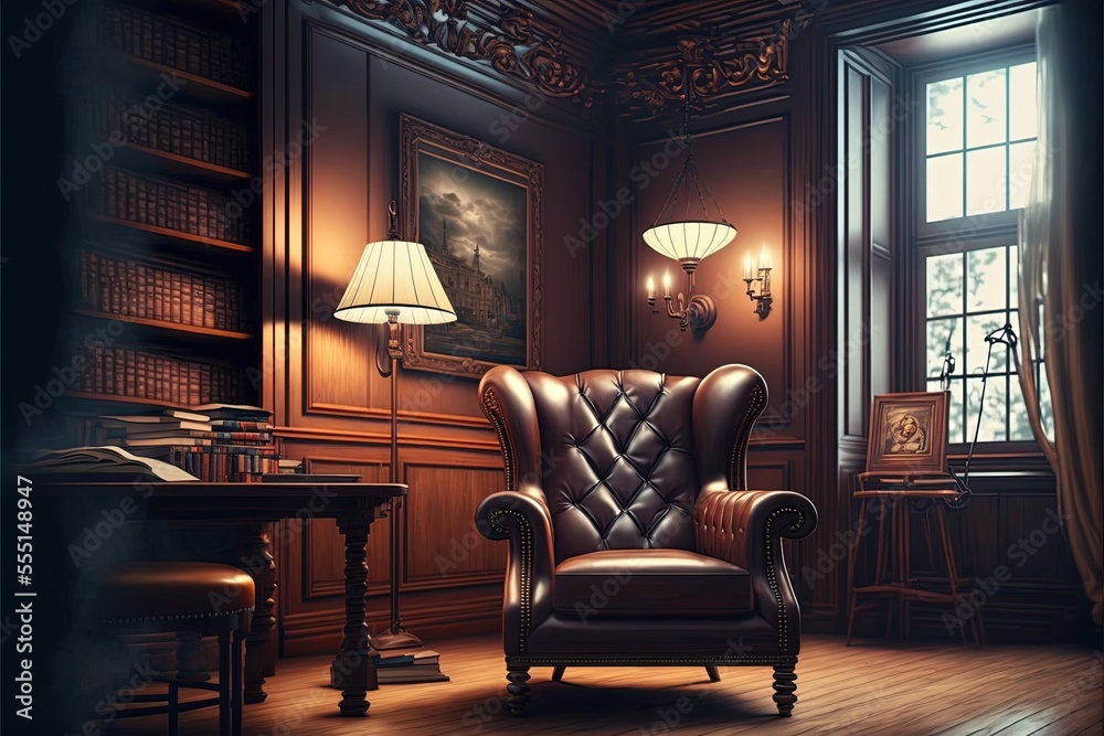 Classical library room with old books on shelves in the victorian style ...