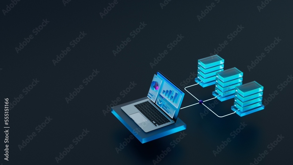 3D Isometric illustration: Laptop Computer Connected to Networks of ...