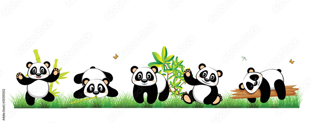 Collection of panda object set with bamboo grass tress and butterfly ...