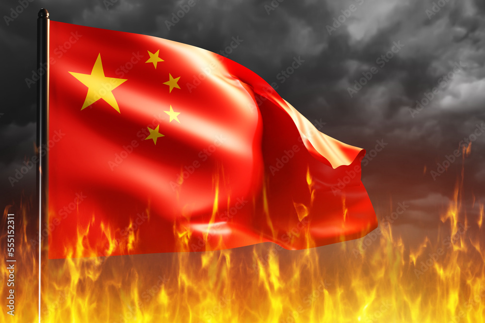 China flag on fire. Waving flag of China in night sky. Tongues of fire ...