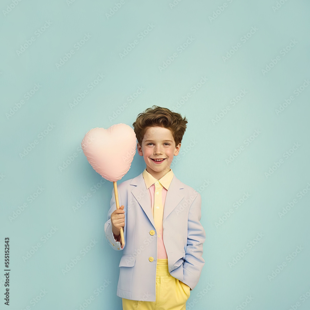 Little School kid dressed in a pastel color clothes, cute suit, holding ...