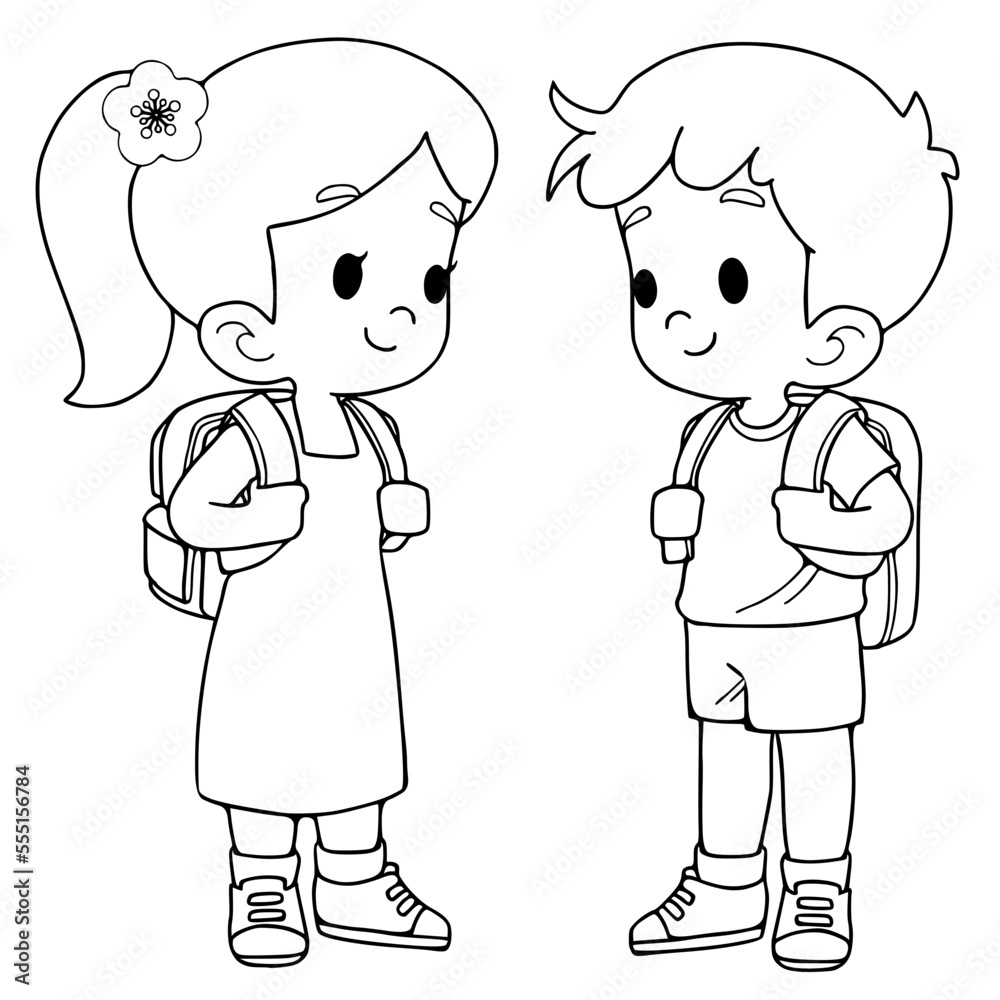 School kids,boy and girl cartoon.coloring book.vector illustration ...