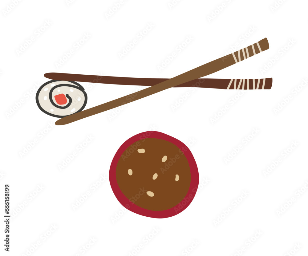 Sushi roll chopsticks with nori and salmon, soy sauce. Cute hand drawn ...