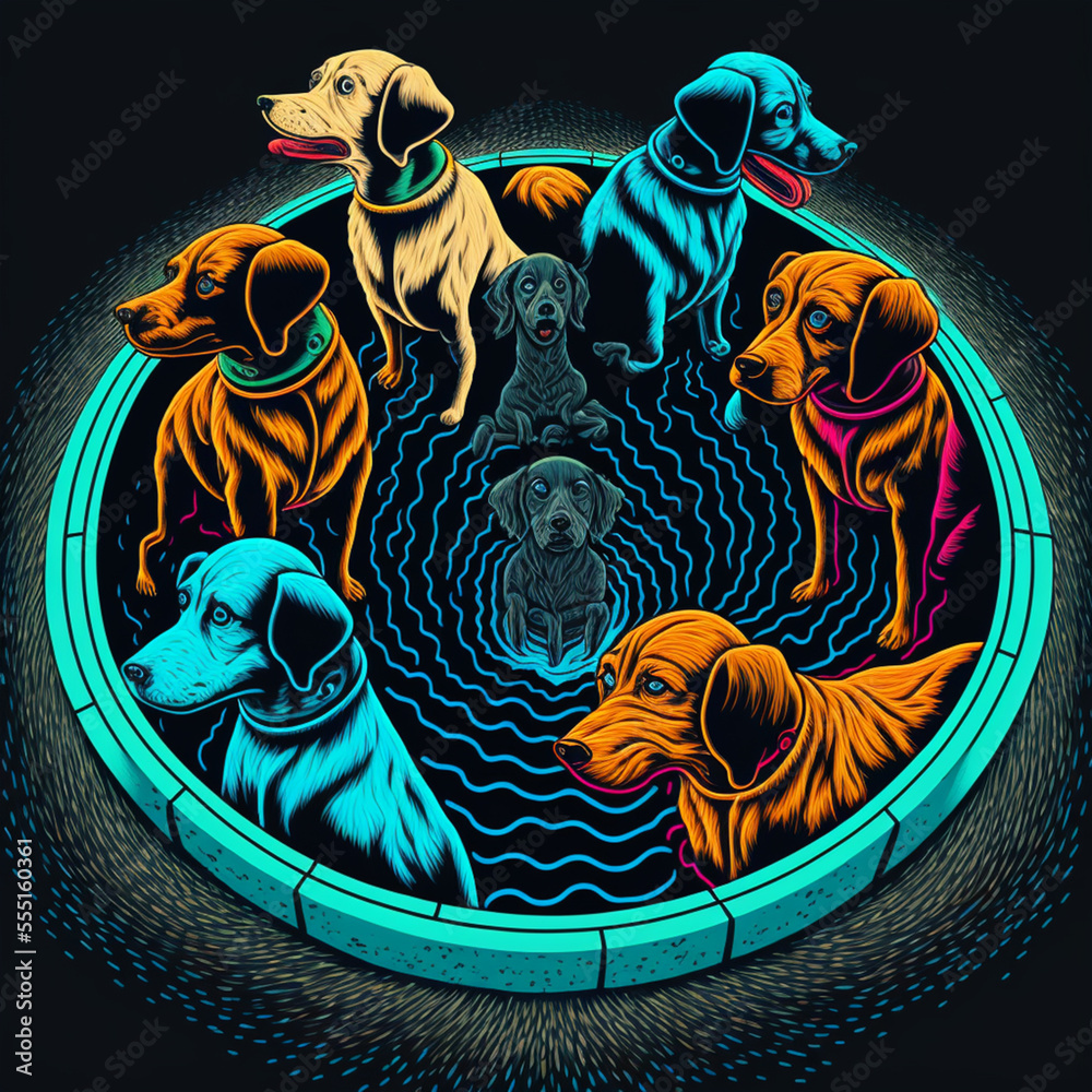 Portrait of group of dogs in the labyrinth at black background. AI ...