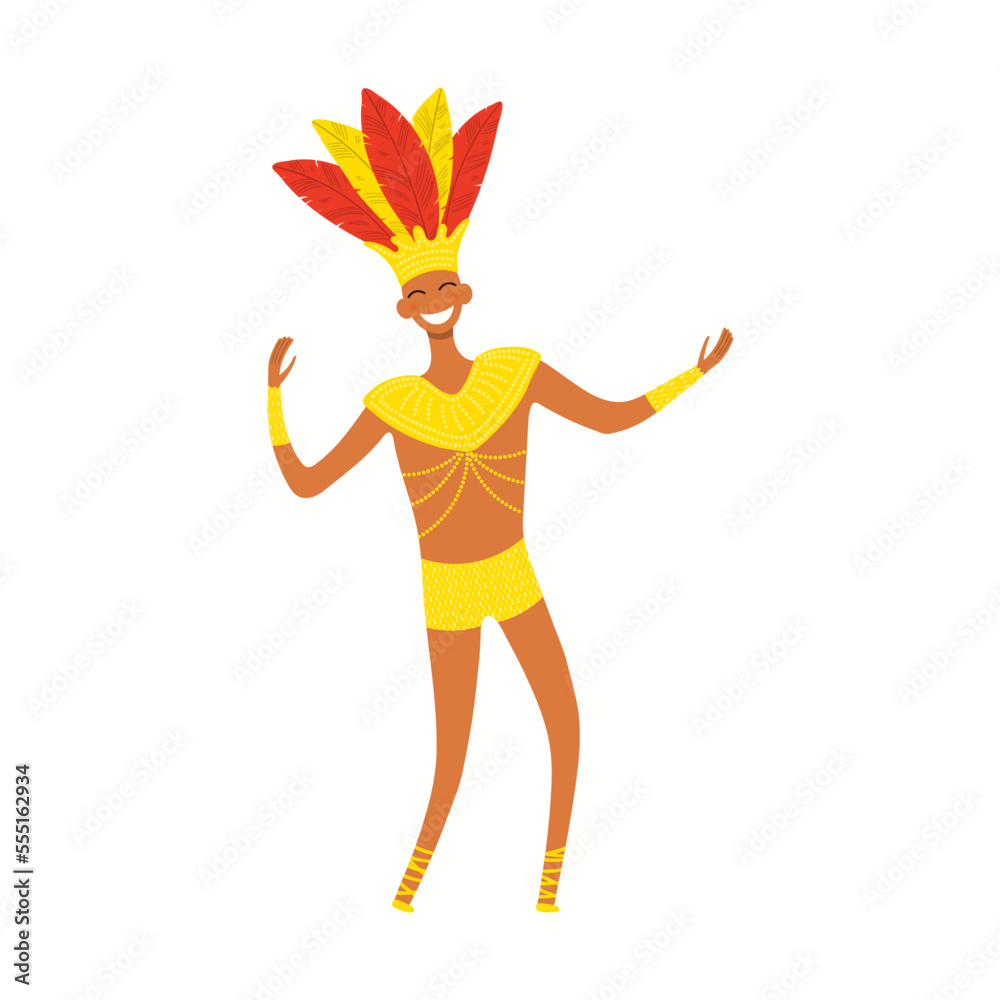 Man, male dancer in carnival costume with feathers, isolated on white ...
