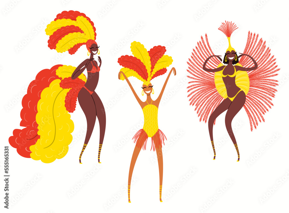 Girls, women dancers in carnival costumes, bikini, feathers, isolated ...