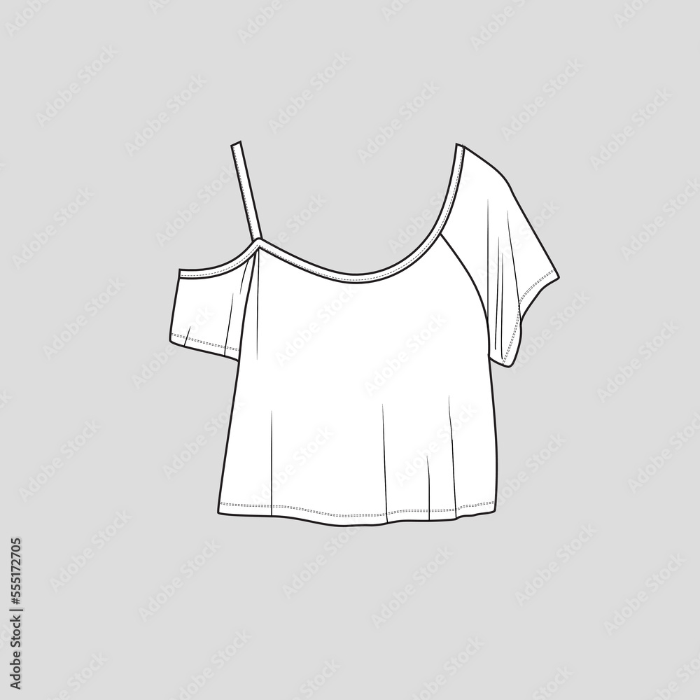 One Shoulder strap Crop Top Fashion Cad Flat Sketch technical drawing ...