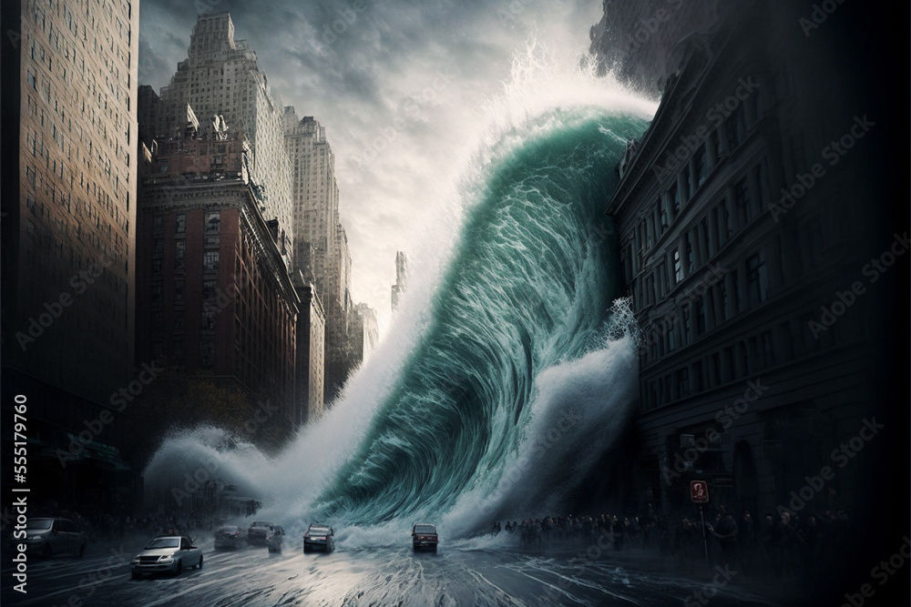 Generative AI illustration of tsunami flooding a city Stock ...