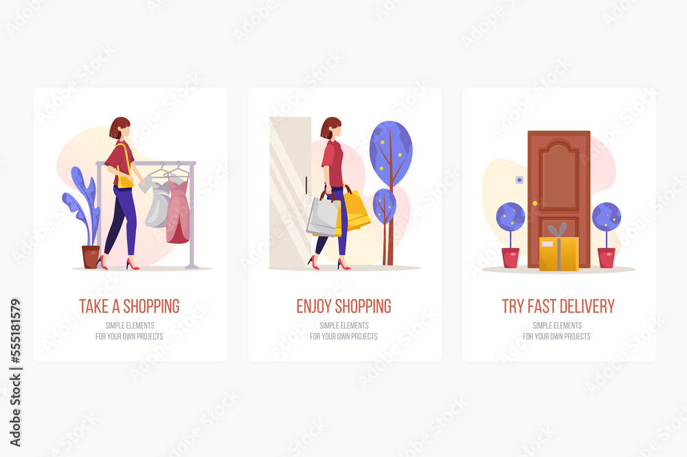 Shopping concept onboarding screens. Woman making purchases, enjoy ...