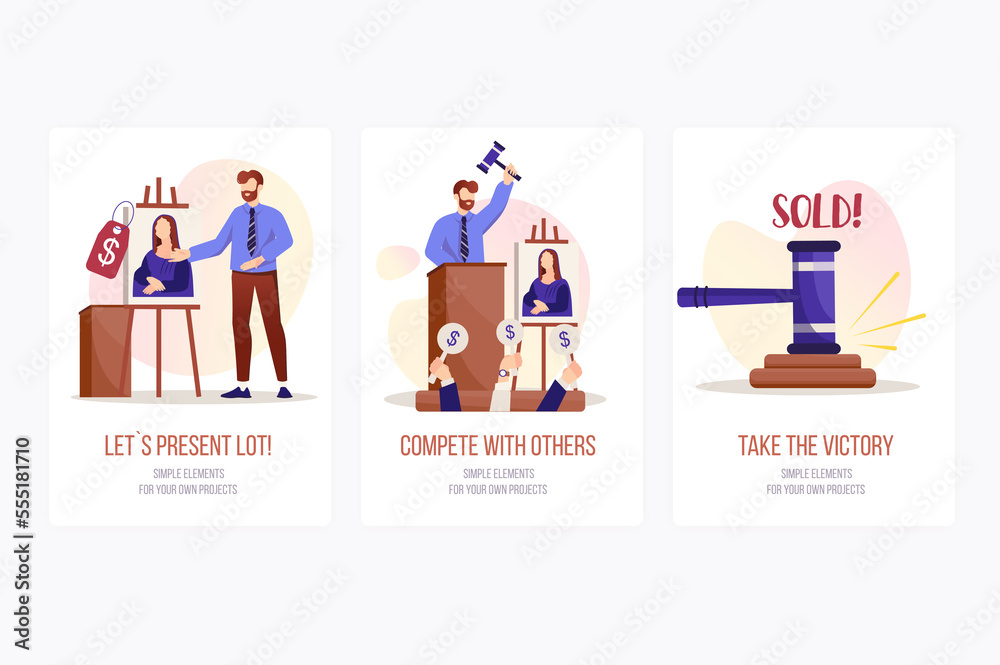 Auction concept onboarding screens. Auctioneer present selling artwork ...