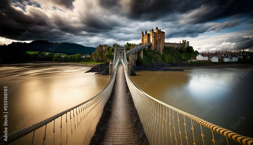 Mystical medieval castle on the island and the bridge leading to the ...