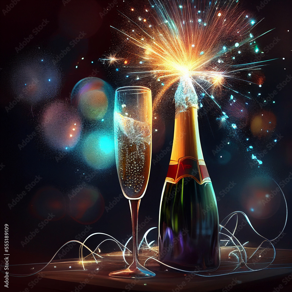 Poster Print New Year s eve celebration with champagne and fireworks end of the year genera 40x40 cm