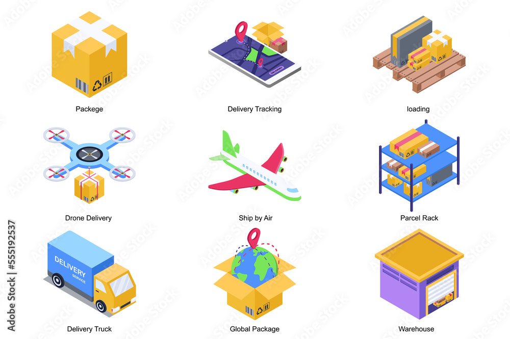 Delivery service concept 3d isometric icons set. Pack elements of ...
