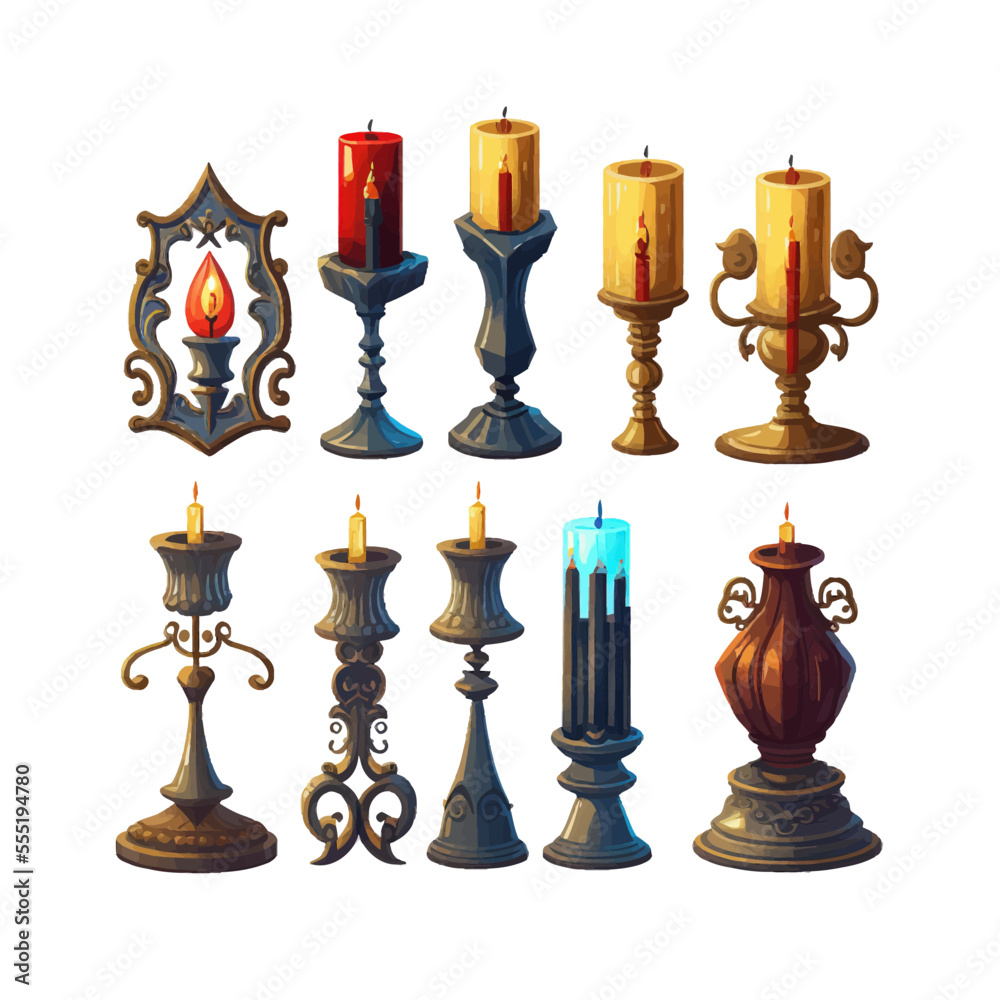 Cartoon ancient candlesticks, wax candle vintage holders. Isolated on ...