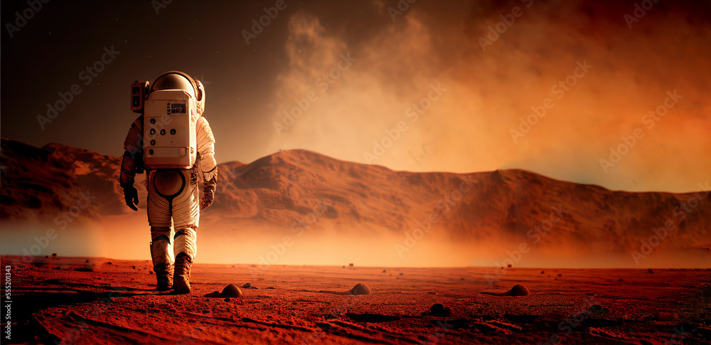 Astronaut on mars the red planet. Landscape with desert and mountains ...