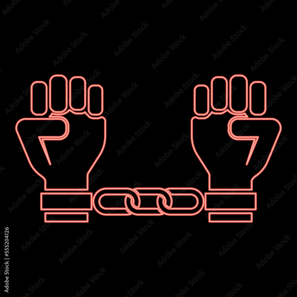 Neon handcuffed hands Chained human arms Prisoner concept Manacles on ...