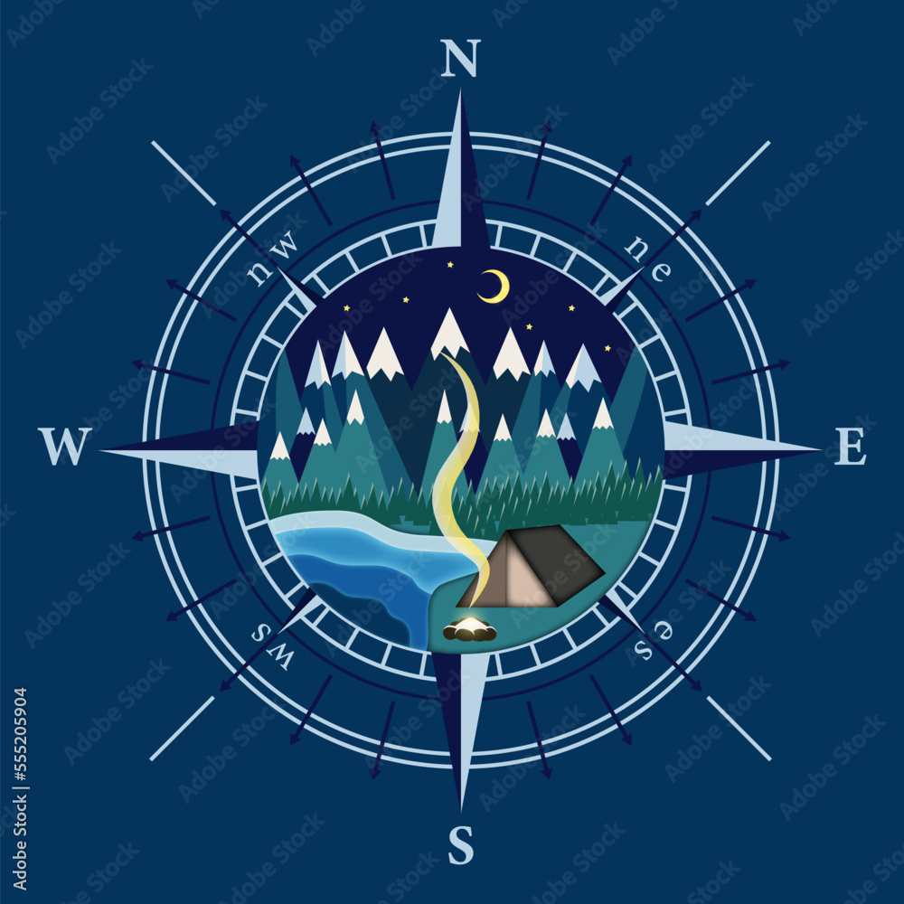 Vetor de Tourism, mountains, fire, a tent, camping, winter, compass ...