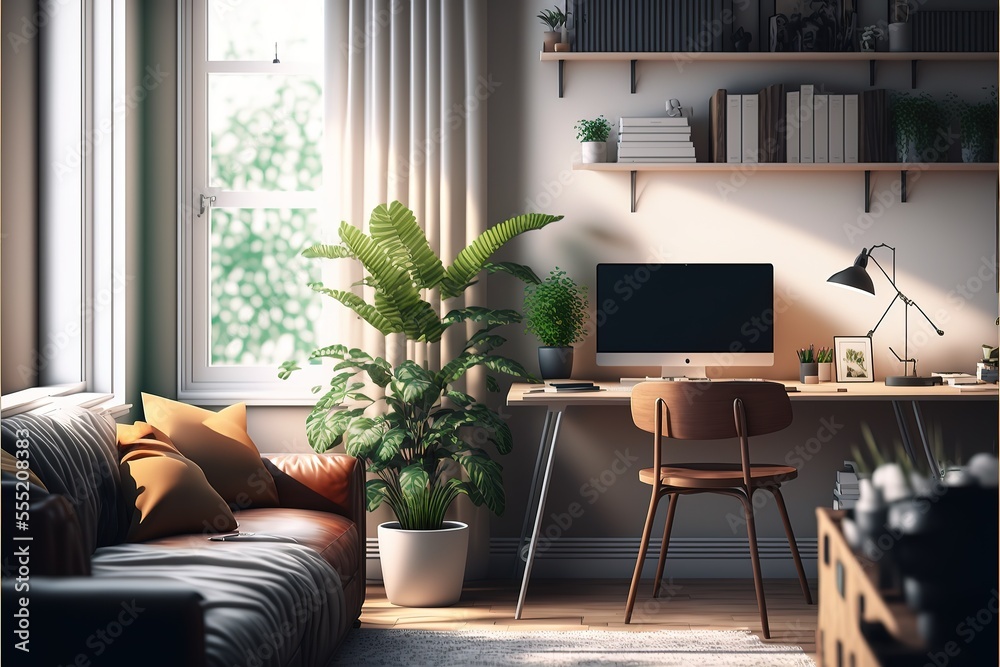 interior of cozy living room. Remote working and work from home as an ...