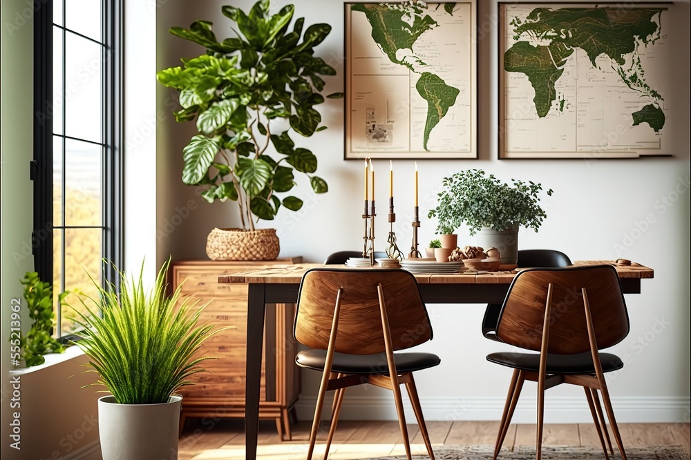 Stylish and botany interior of dining room with design craft wooden ...