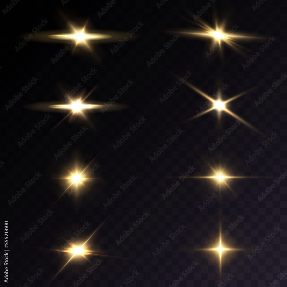 Set of light effects golden glowing light isolated on transparent background. Solar flare with ...