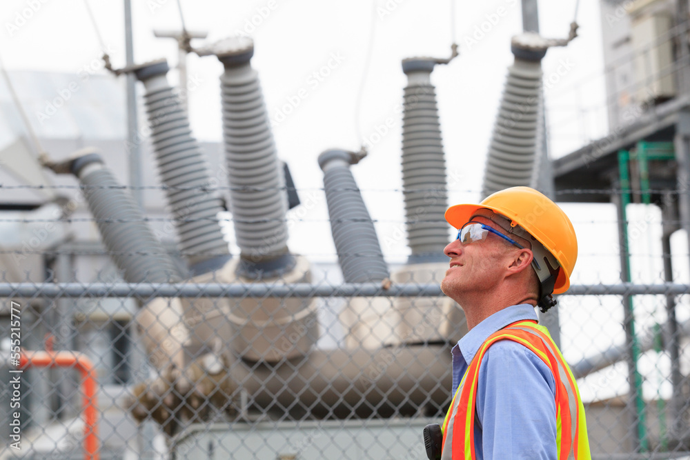 Electrical engineer examining transformers inside of an electric power ...