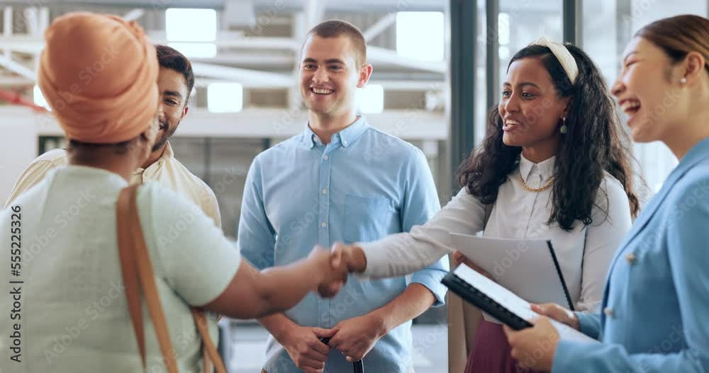 Diversity, team and handshake for partnership, business and ...