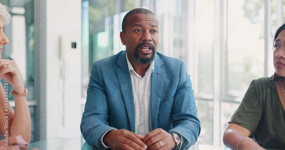 Businessman, women or people in question meeting, boardroom planning or ...