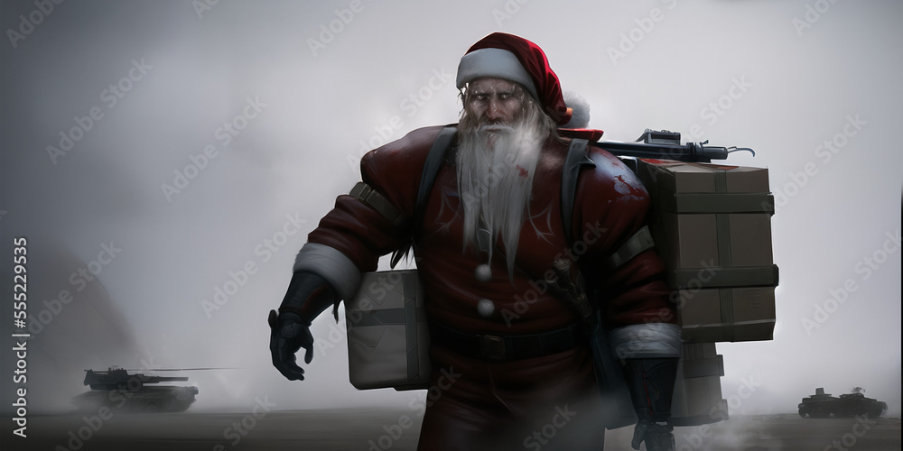 Mad Santa delivering heavy cargo in war, concept art Stock Illustration ...