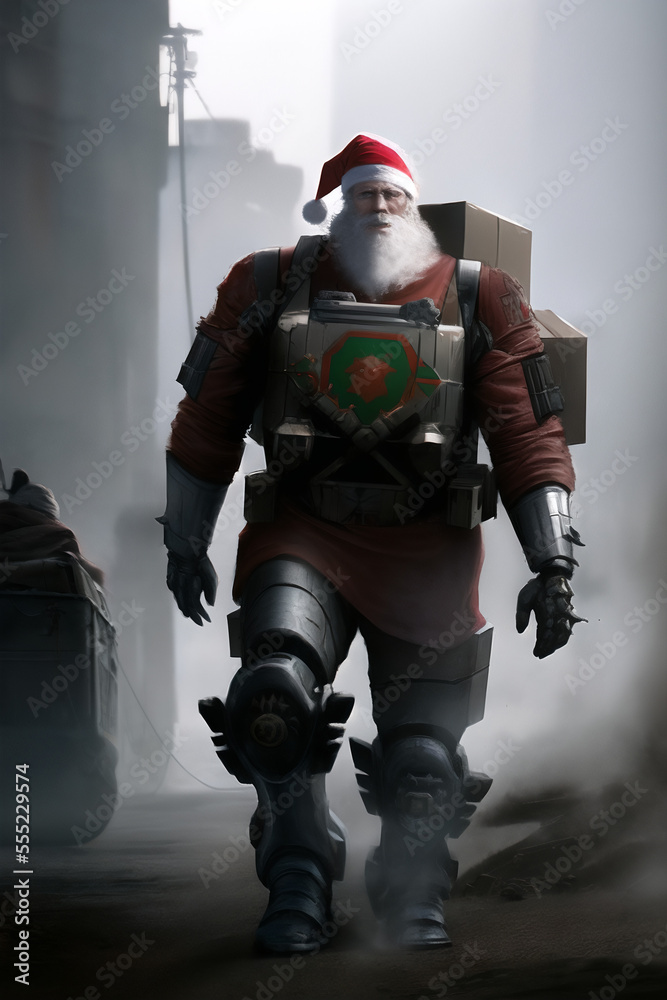heavy mad Santa in a combat armored exoskeleton delivering a load in a ...