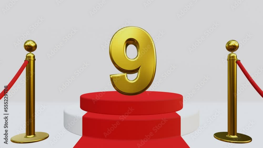 3D animation of number nine on Red carpet with Golden rope barriers ...