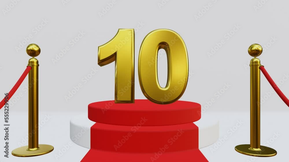 3D animation of number ten on Red carpet with Golden rope barriers ...