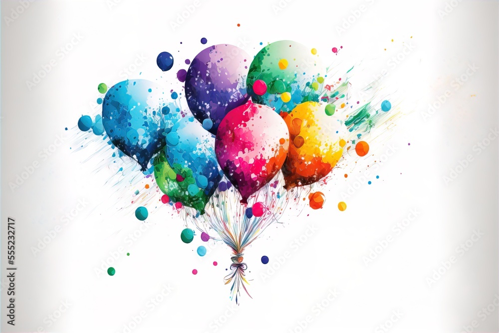 a bunch of balloons that are in the air with some paint splatters on ...