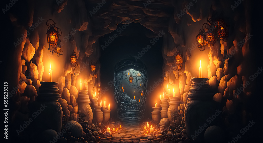Scary endless medieval catacombs with torches. Mystical nightmare ...