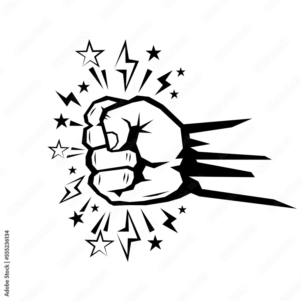 Powerful fist strike with comic lightning and stars. Cartoon protest ...