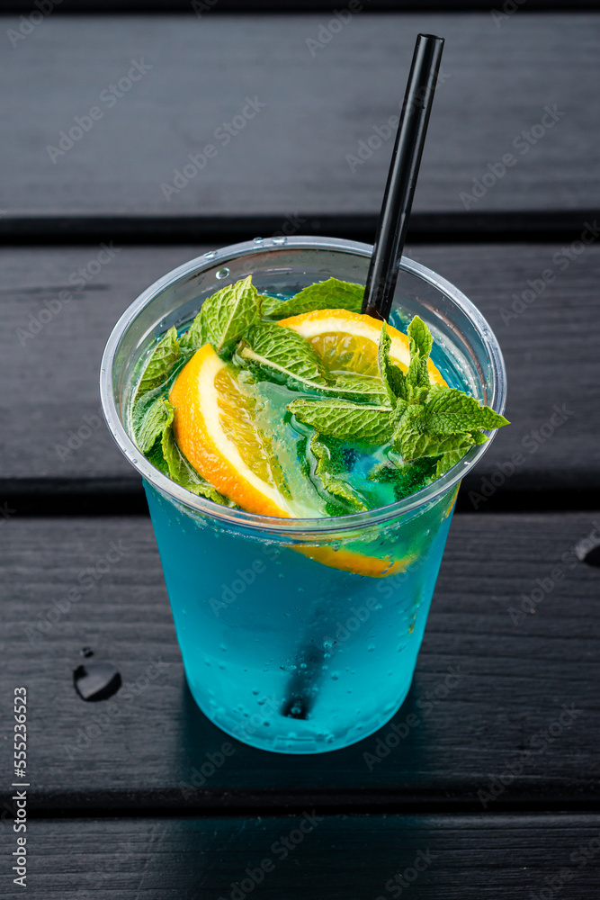 glass of Iced blue hawaii soda on table Blue Lagoon Cocktail Stock ...