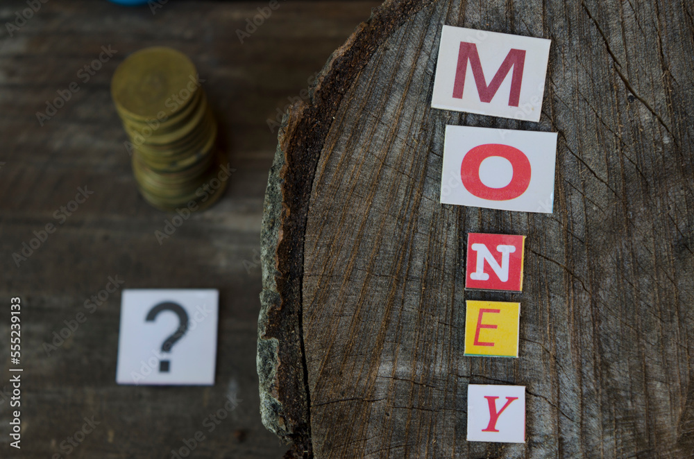 money word written with cardboard on wooden texture, and bronze coins ...