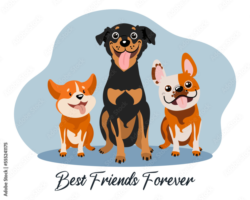 Three funny dogs, horgi, pinscher and bulldog, and text Best friends ...