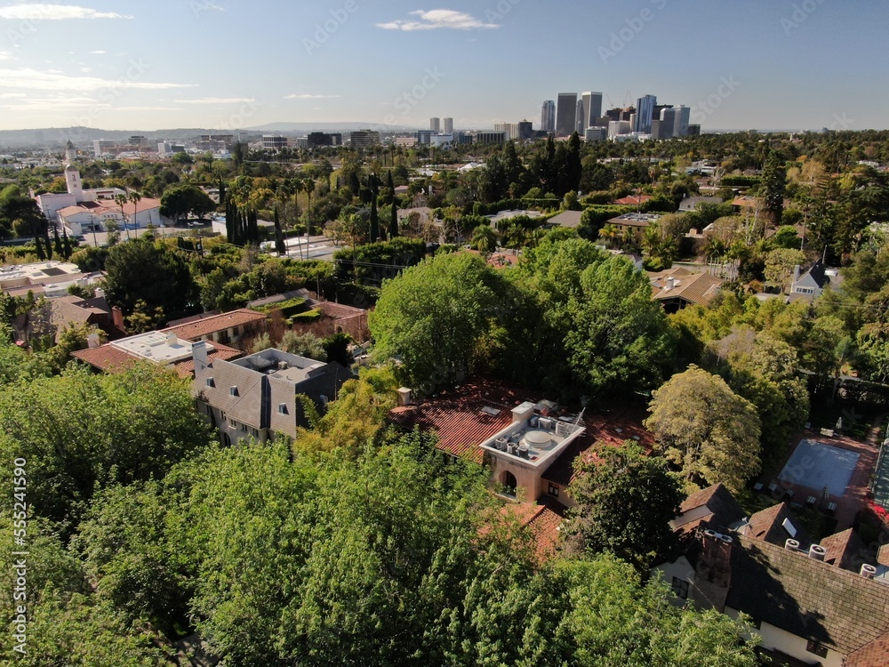 Aerial of Beverly hills downtown skyline and surrounding neighborhoods ...