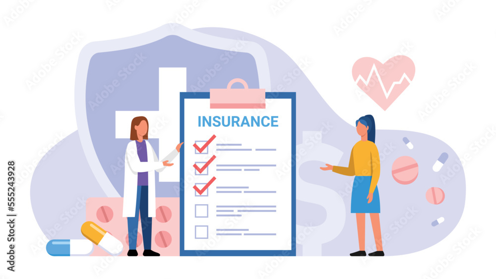 Vector illustration of health insurance. Cartoon scene with doctor and ...