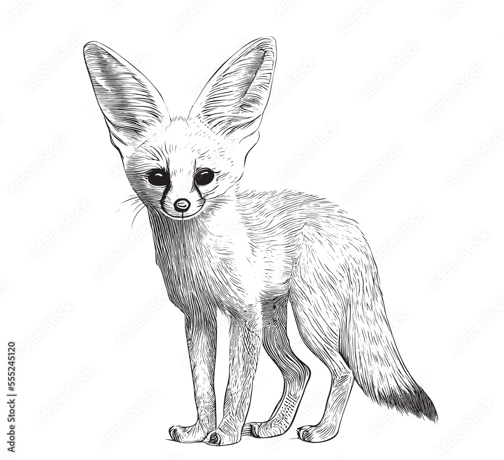 Fennec fox standing sketch hand drawn engraving style Vector ...