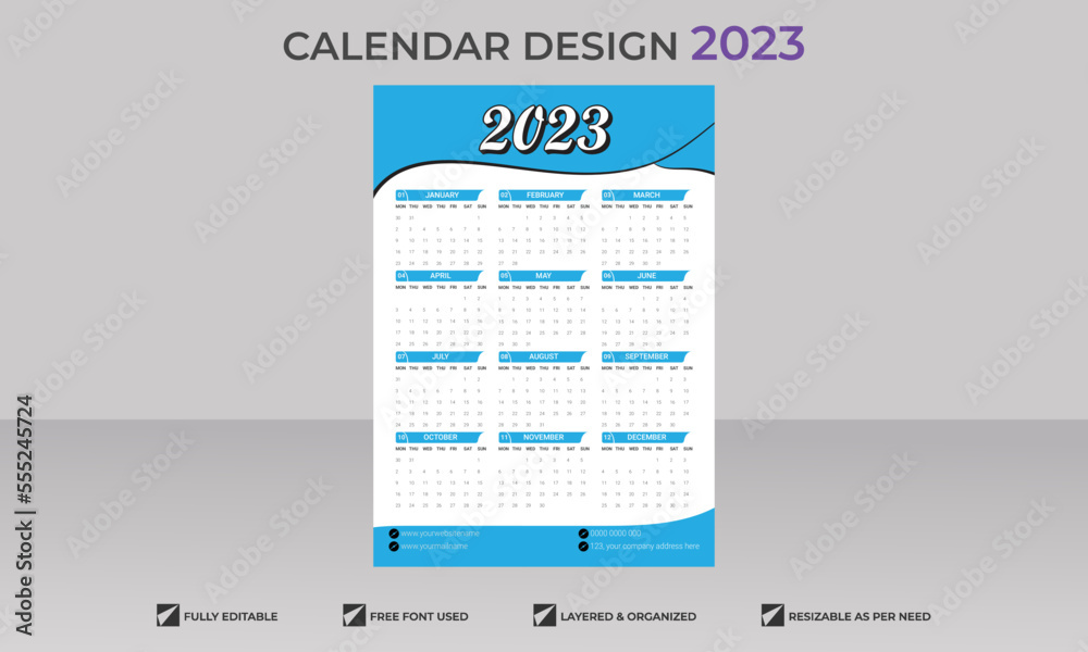Simple one-page calendar template for year 2023 Stock Vector | Adobe Stock