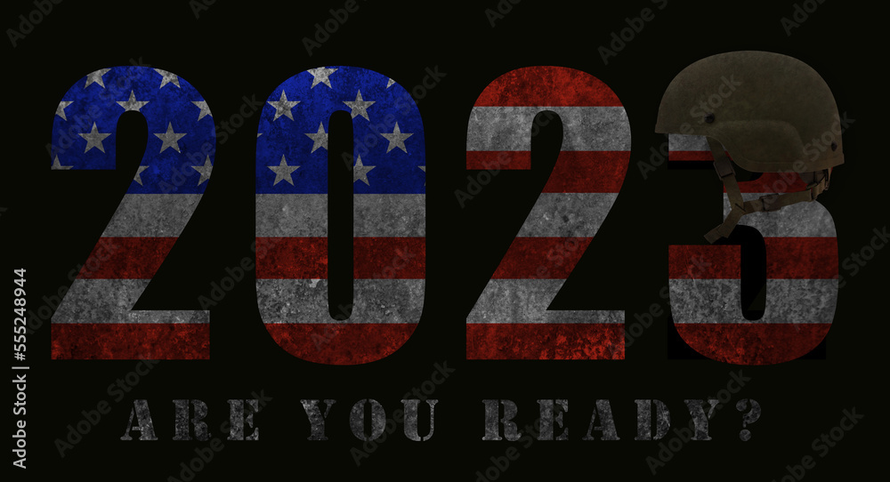 2023 with the colors of the US flag, a military helmet and the words ...