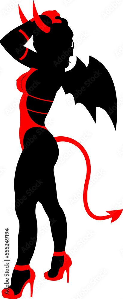 Sexy Devil Girl Silhouette Hand Drawn Illustration Isolated On