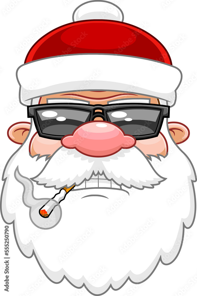 Bad Santa Claus Face Portrait Cartoon Character With Sunglasses Smoking ...