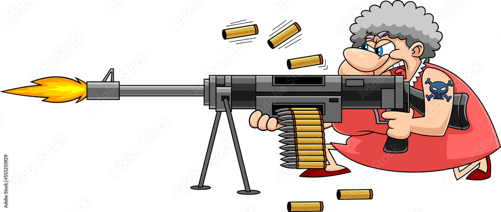 Angry Grandma Cartoon Character Shoots With A Big Machine Gun. Hand ...