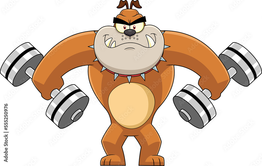 Brown Bulldog Cartoon Character Working Out With Dumbbells. Hand Drawn ...